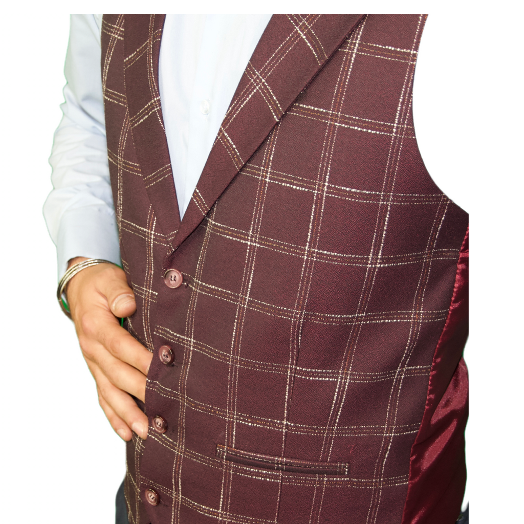 ICONIC BURGUNDY SINGLER - Red Check Single Breasted Waistcoat – ecanyon